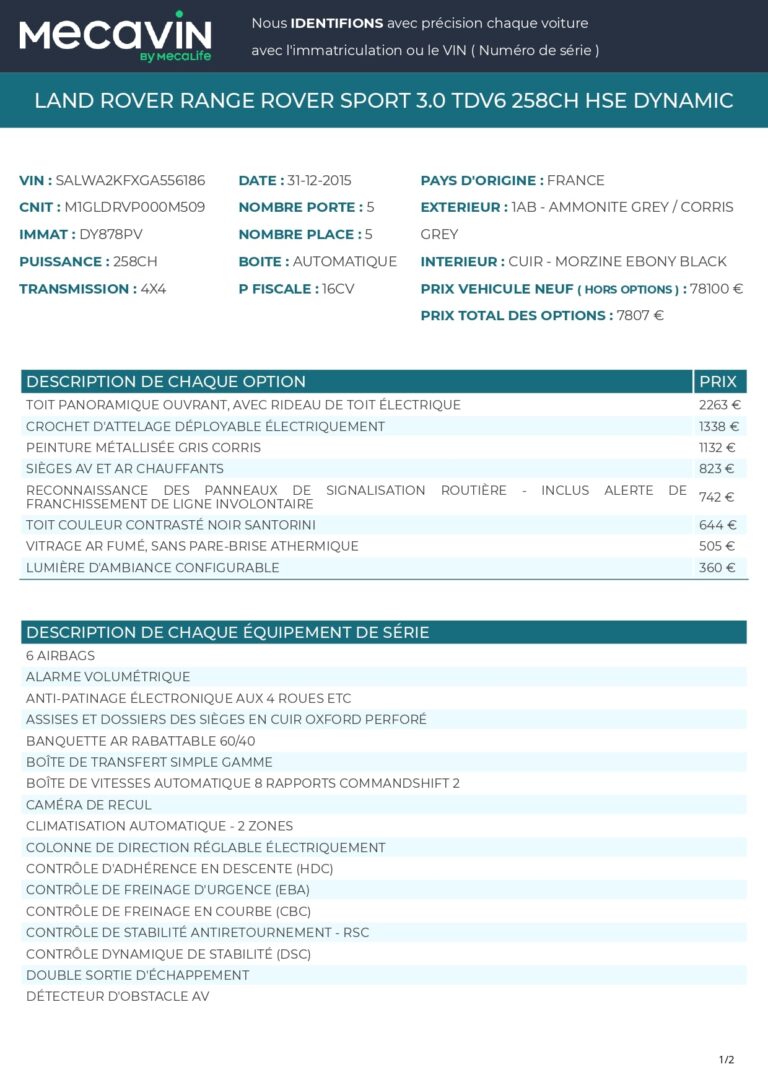 Example of a MecaVIN Report